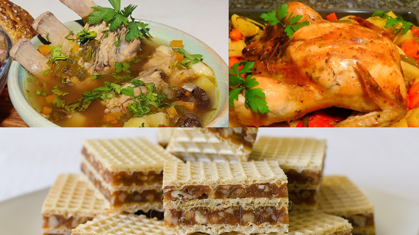 Ciorbă de oase garf, pui umplut cu ciuperci și prăjitură cu foi de ...