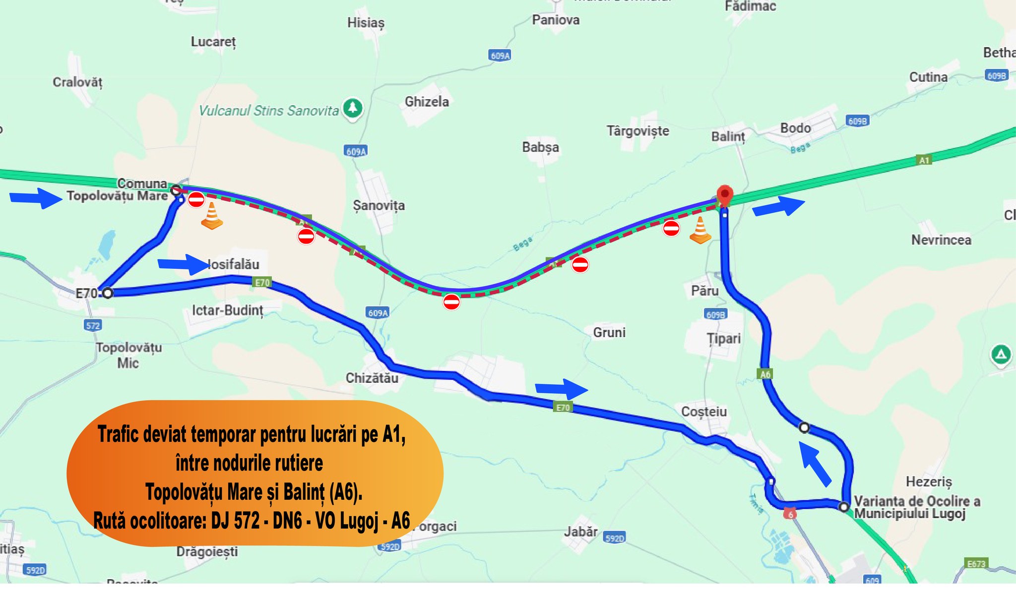 Restricții pe autostrada A1 între Topolovățu Mare și Balinț. Trafic deviat pe DN6 până la ...